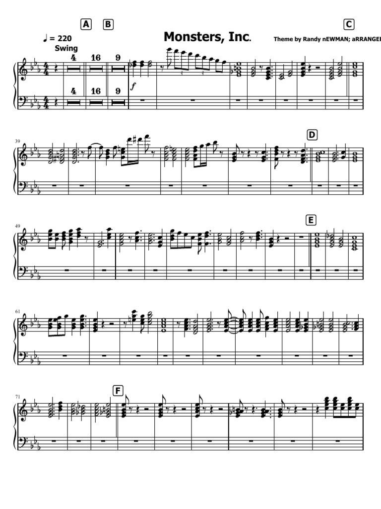 Monsters Inc. Theme For Big Band-Piano | PDF