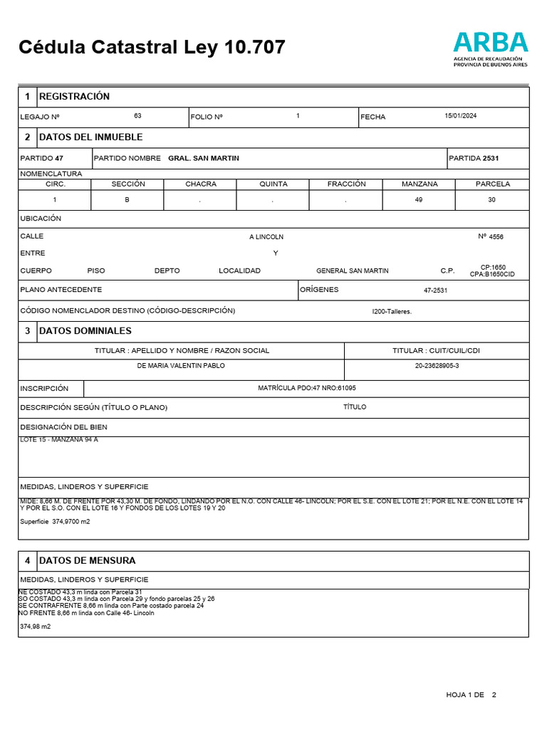 Cédula Catastral Ley 10.707: 1 Registración | PDF