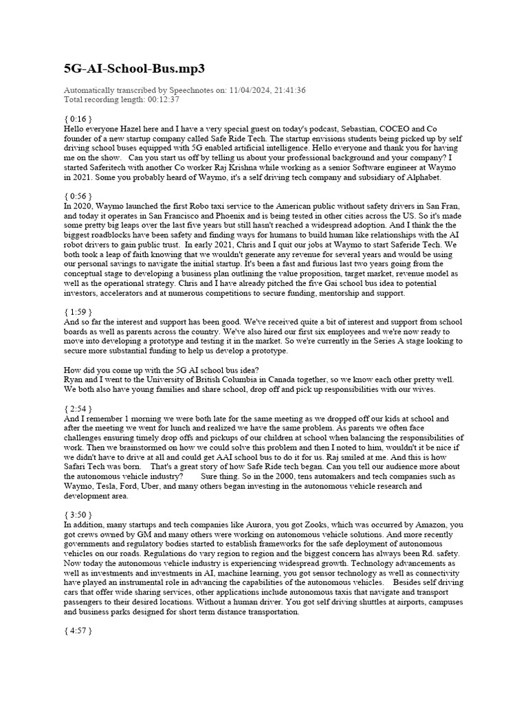 5G AI School Bus - mp3 - Transcript | PDF | Artificial Intelligence | Intelligence (AI) & Semantics