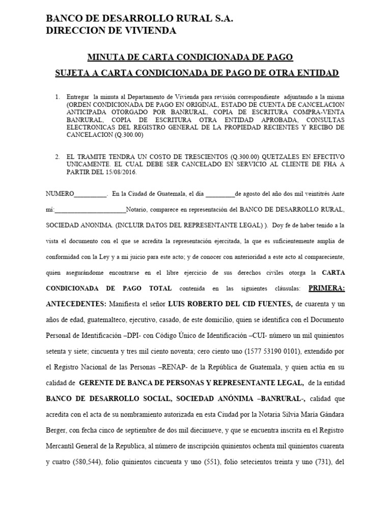 Minuta de Carta Condicionada de Pago ORIGINAL - FHA | PDF | Guatemala ...