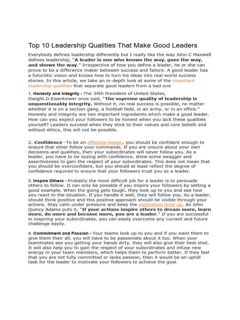 Top 10 Qualities of A Good Leader | PDF | Leadership | Social Psychology
