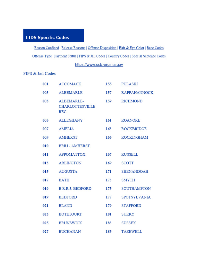 LIDS Jail Inventory System Codes (SCB - State Commpensation Board ...