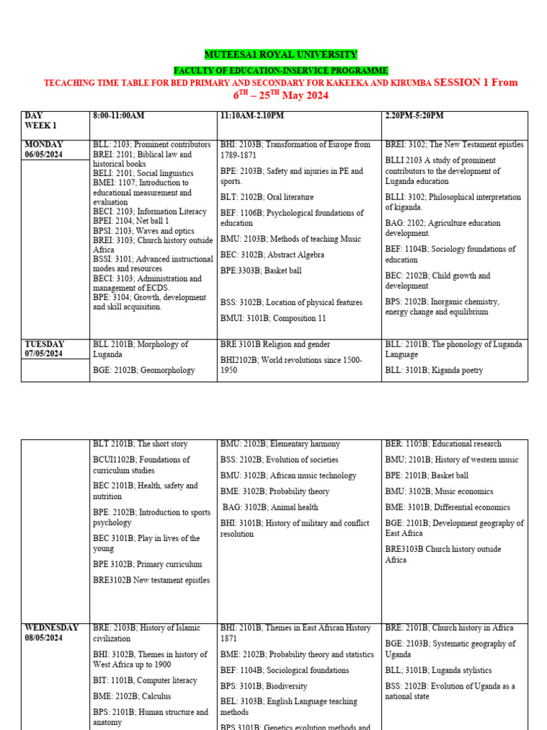 Lecture Time Table MAY Session 1 2024 | PDF | Sociology | Literacy