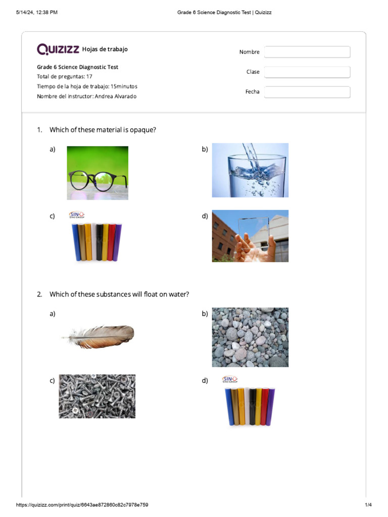 Grade 6 Science Diagnostic Test - Quizizz | PDF | Liquids | Gases