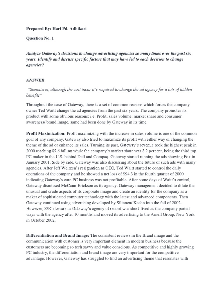 Gateway Case Solution | PDF | Advertising | Brand