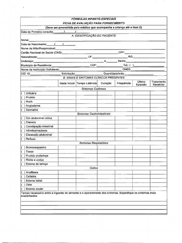 FÓRMULAS INFANTIS ESPECIAIS - FICHA DE AVALIAÇÃO | PDF