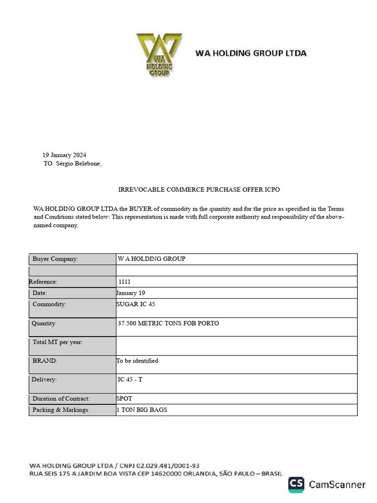 Irrevocable Sugar Purchase Offer ICPO | PDF