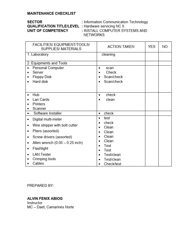 Maintenance Checklist | PDF