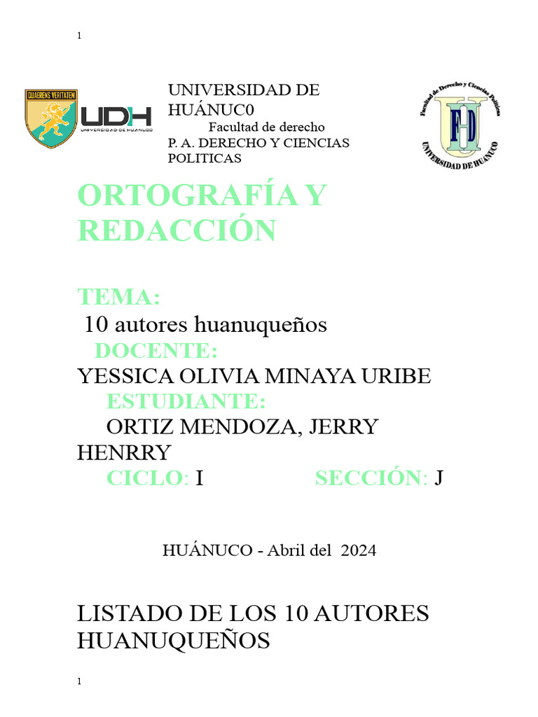 10 Autores Huanuqueños - ORTIZ MENDOZA, Jerry (Sección J) | PDF | Clásicos