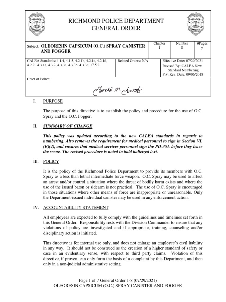 Richmond Police OC Spray and Fogger Policy, Redact | PDF | Law ...