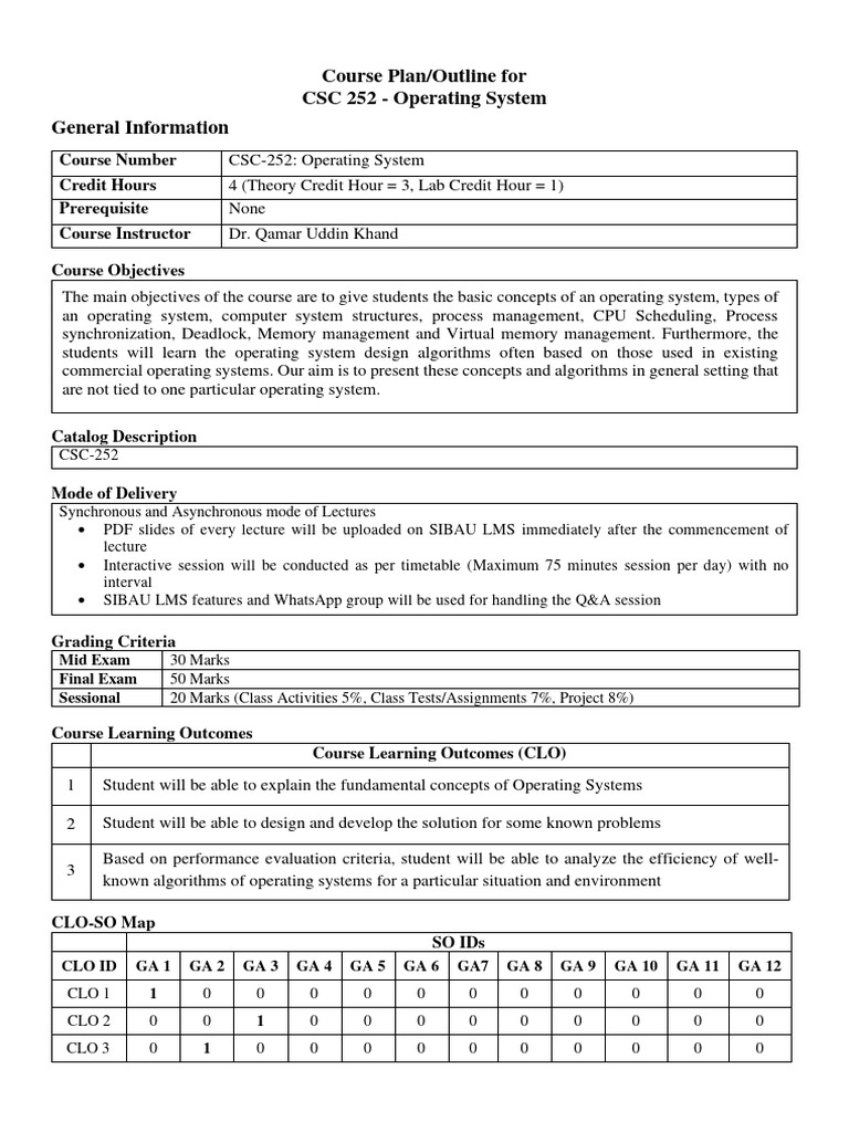 Course Plan S2024 CSC-252 Operating Systems (Initial Version) | PDF ...