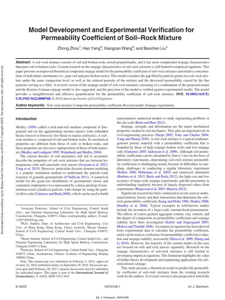 Model Development and Experimental Verification For Permeability Coefficient of Soil-Rock ...