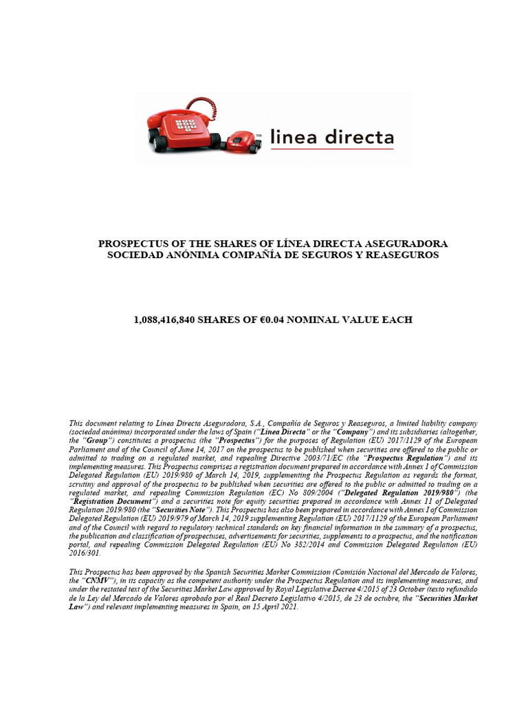 Prospectus of The Shares of Línea Directa Aseguradora Sociedad Anónima Compañía de Seguros Y ...
