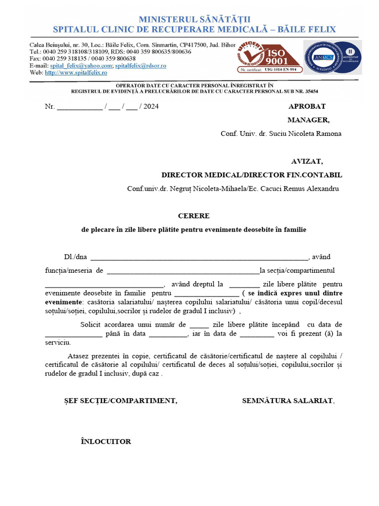 MODEL CERERE Plecare Concediu Evenimente Deosebite | PDF