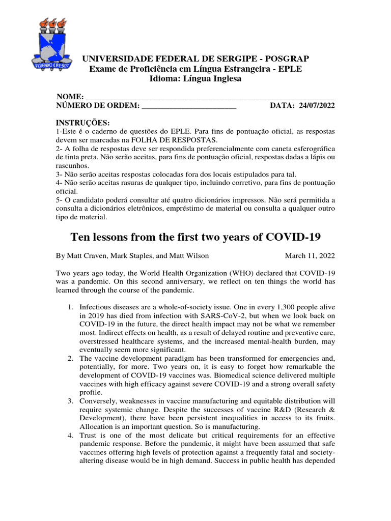 Prova Eple Ingl S 2022 1 | PDF | Pandemic | Public Health