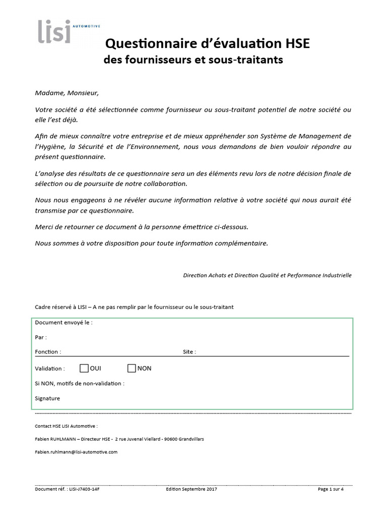 Questionnaire Évaluation HSE Fournisseurs | PDF | Déchets | Substances ...