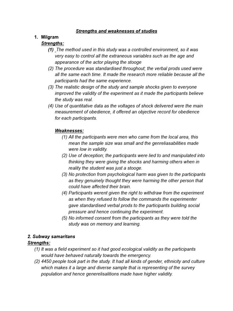 Strengths and Weaknesses of Studies | PDF | Obedience (Human Behavior ...