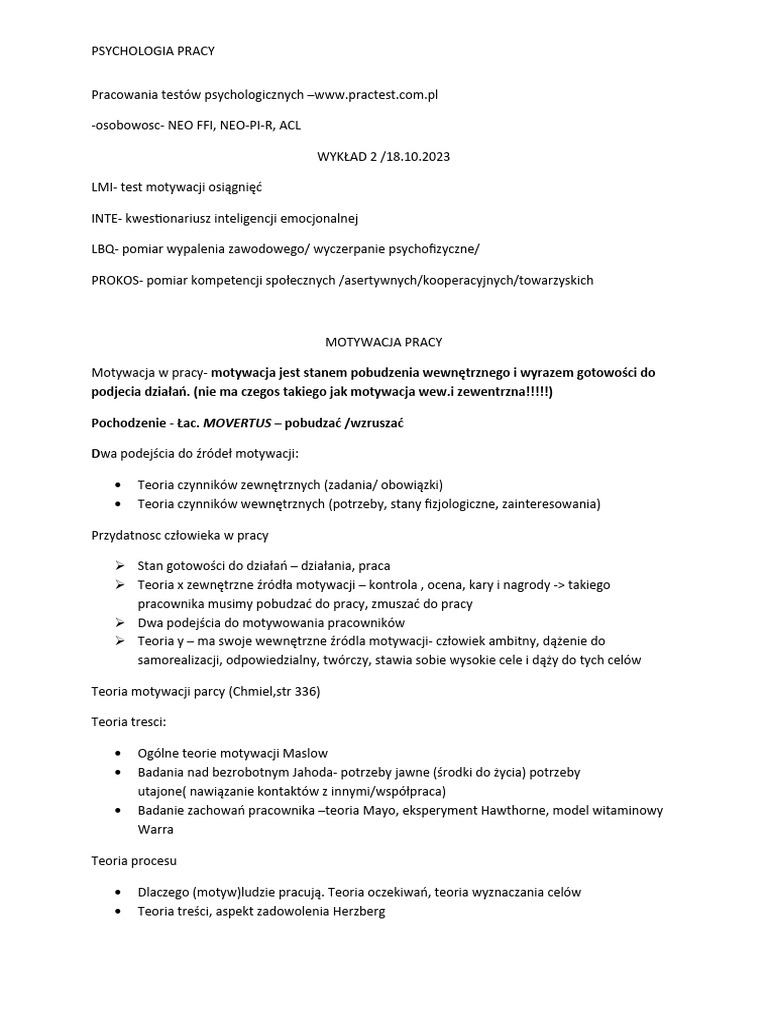 Psychologia Pracy Wykład | PDF