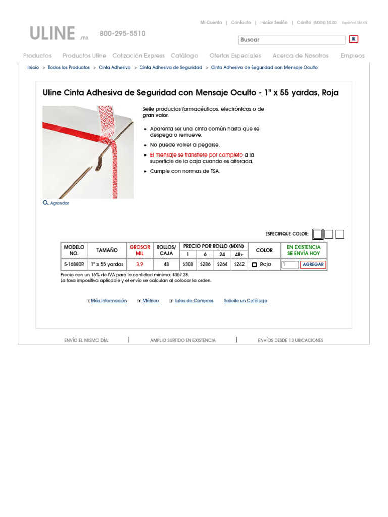 Uline Cinta Adhesiva de Seguridad Con Mensaje Oculto - 1 - X 55 Yardas, Roja S-16880R - Uline | PDF