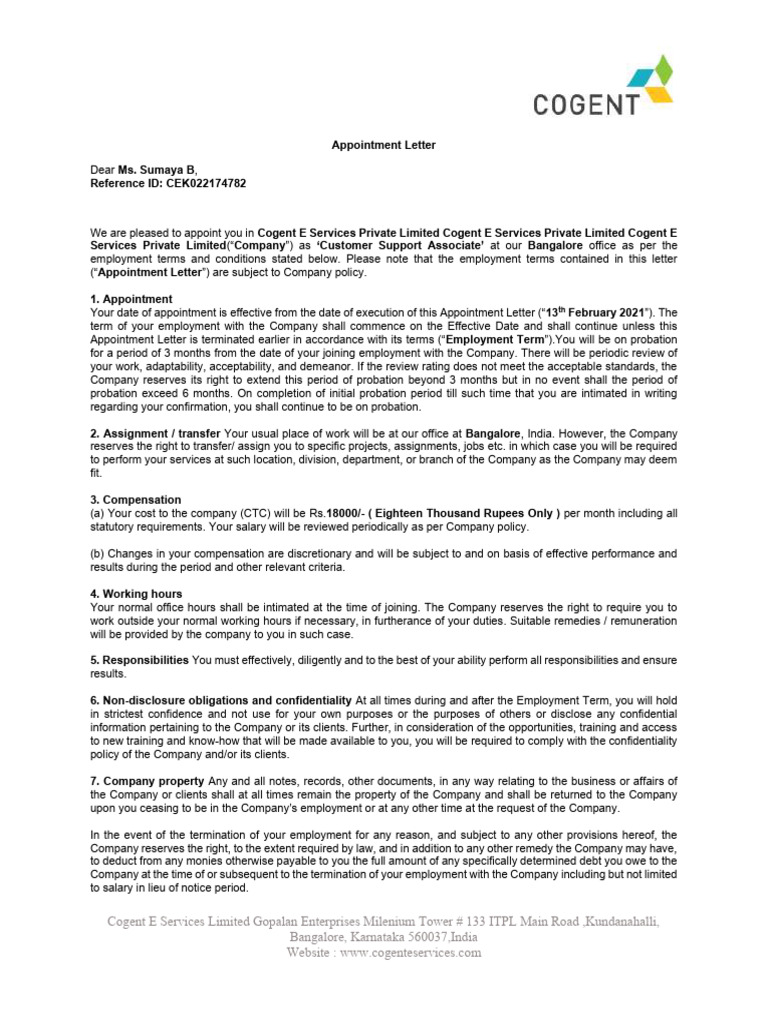 Cogent Offer Letter | PDF | Employment | Confidentiality