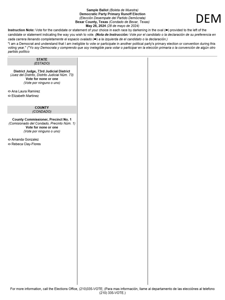 Democratic Primary Runoff Sample Ballot | PDF