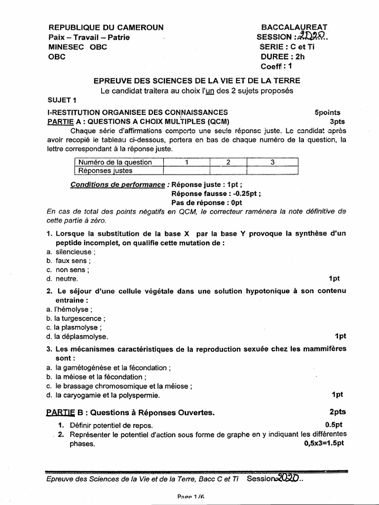 Epreuve Bac c 2020 Svt Sujet 1 Cameroun | PDF