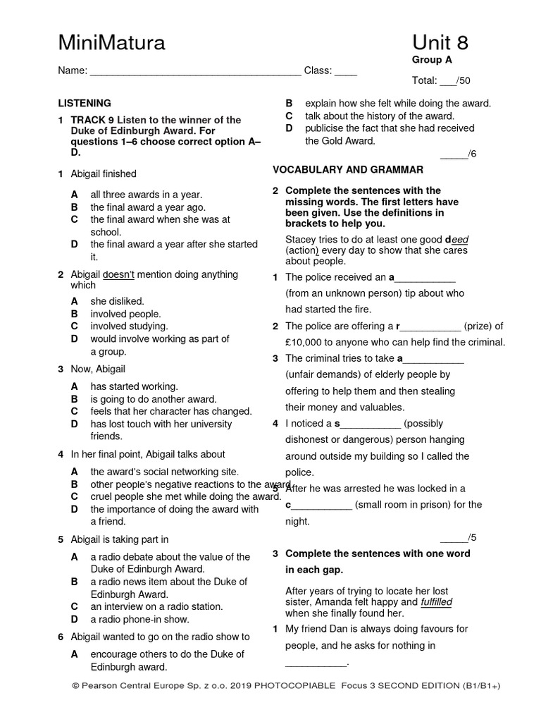Focus3 2E MiniMatura Unit8 GroupA 2kol | PDF