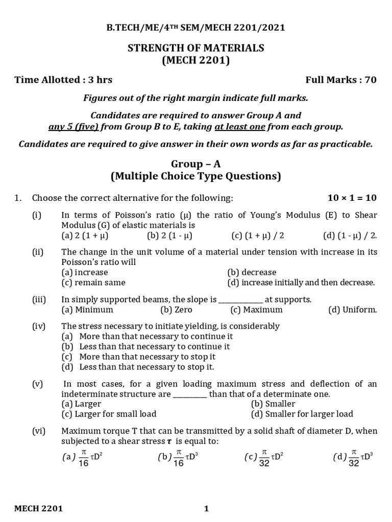 Strength of Materials Exam MECH 2201 | PDF | Bending | Beam (Structure)