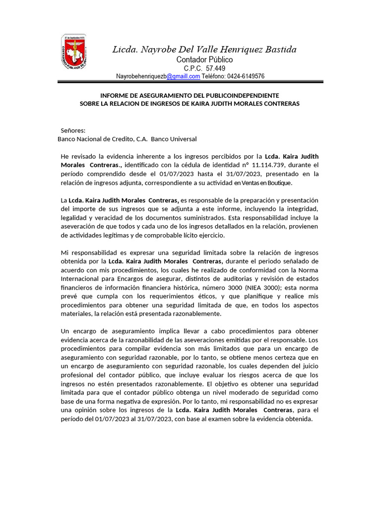 Informe de Aseguramiento Del Contador Público 2023 | PDF | Contador ...