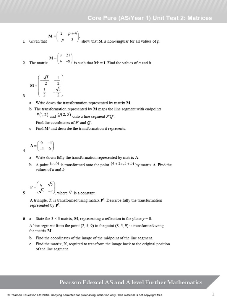 Core Pure Unit Test 2 Matrices | Download Free PDF | Matrix ...