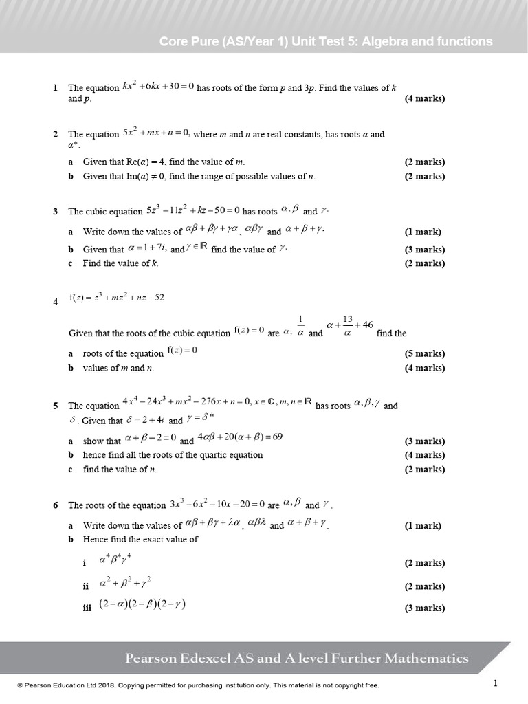 Core Pure Unit Test 5 Algebra and Functions | PDF | Equations | Zero Of ...