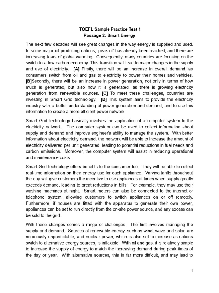 TOEFL Sample Practice Test 1 Reading Passage 2 Smart Energy | PDF ...