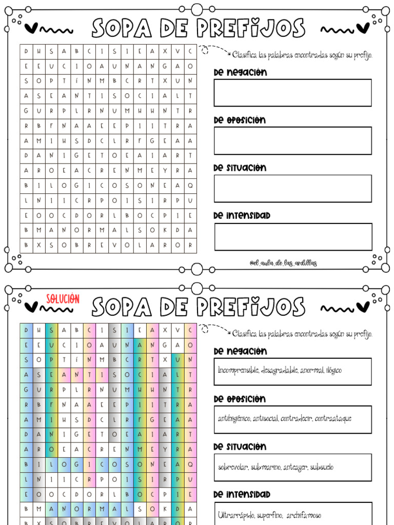 Sopa de letras: prefijos y sufijos | PDF