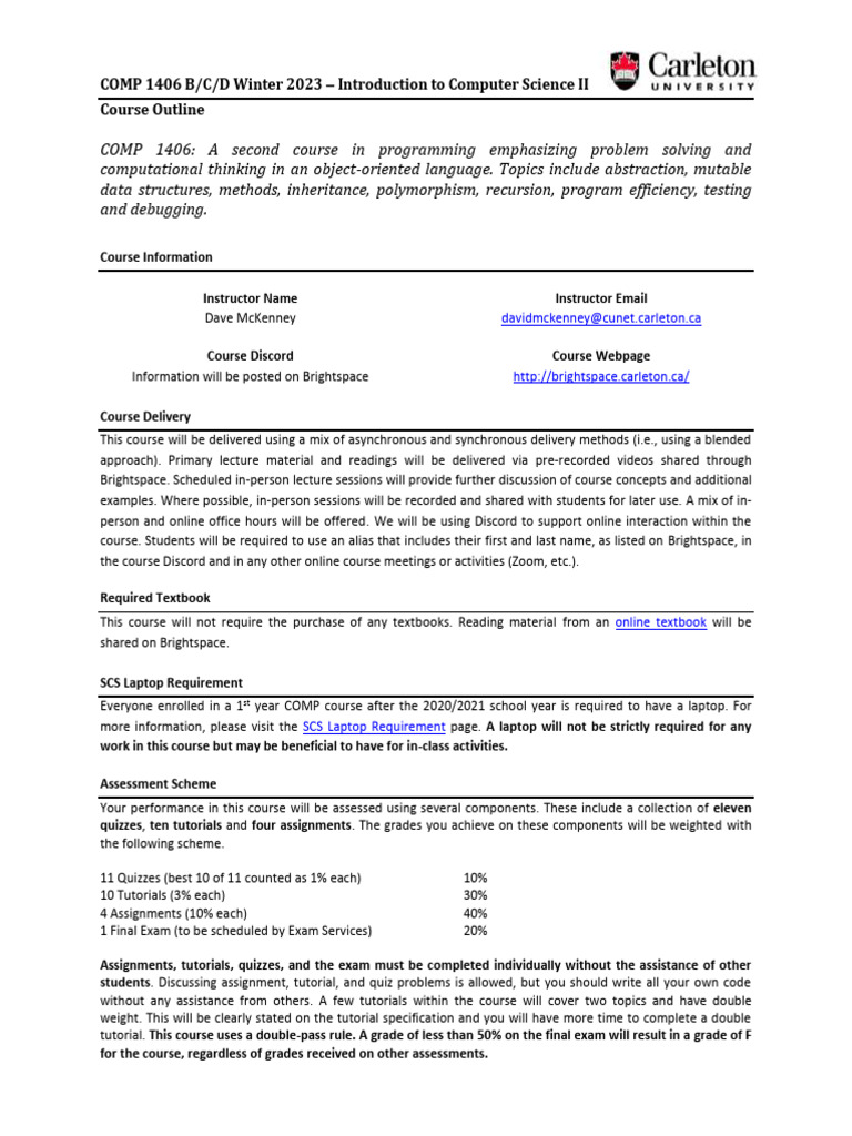 COMP1406BCD-W23-Course Outline | PDF | Computer Programming | Object Oriented Programming