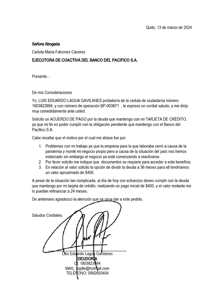 MODELO CARTA ACUERDO DE PAGO | PDF