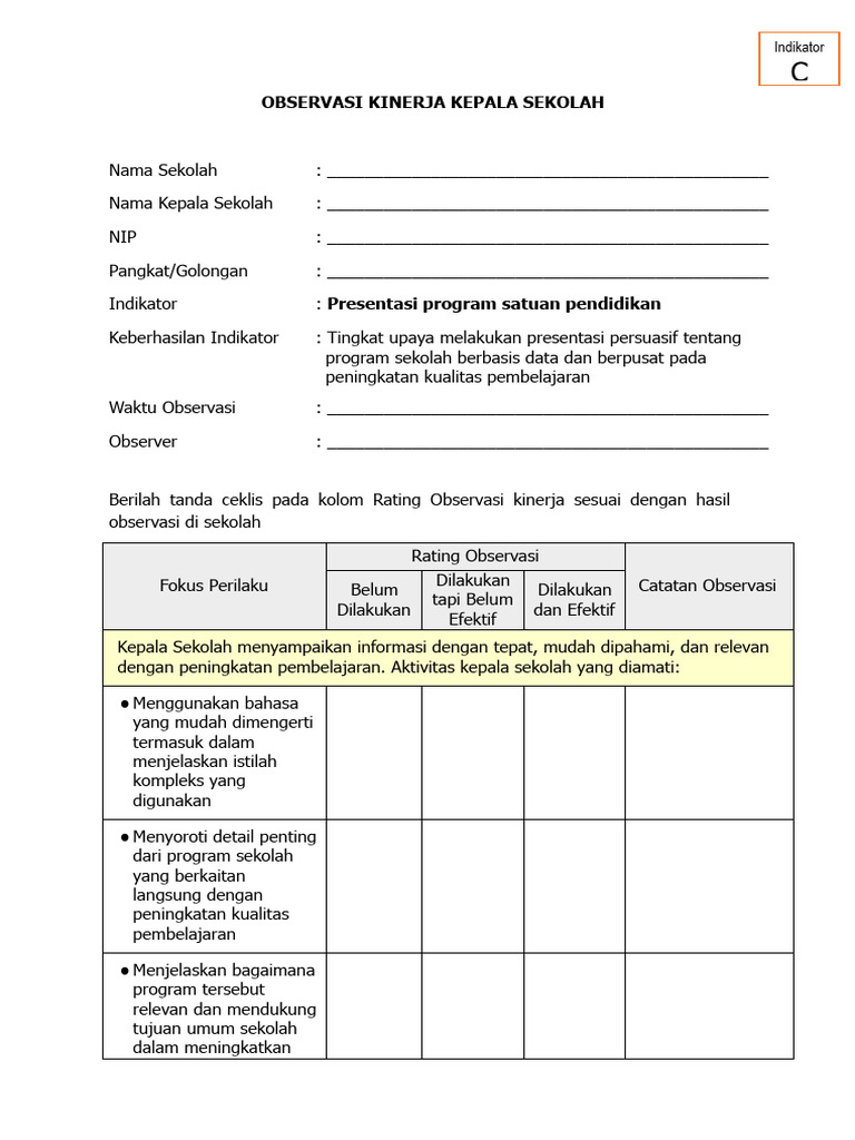 C-Lembar Observasi Kinerja KS Oleh Tim Kinerja (Penyampaian Program SP) TBB | PDF