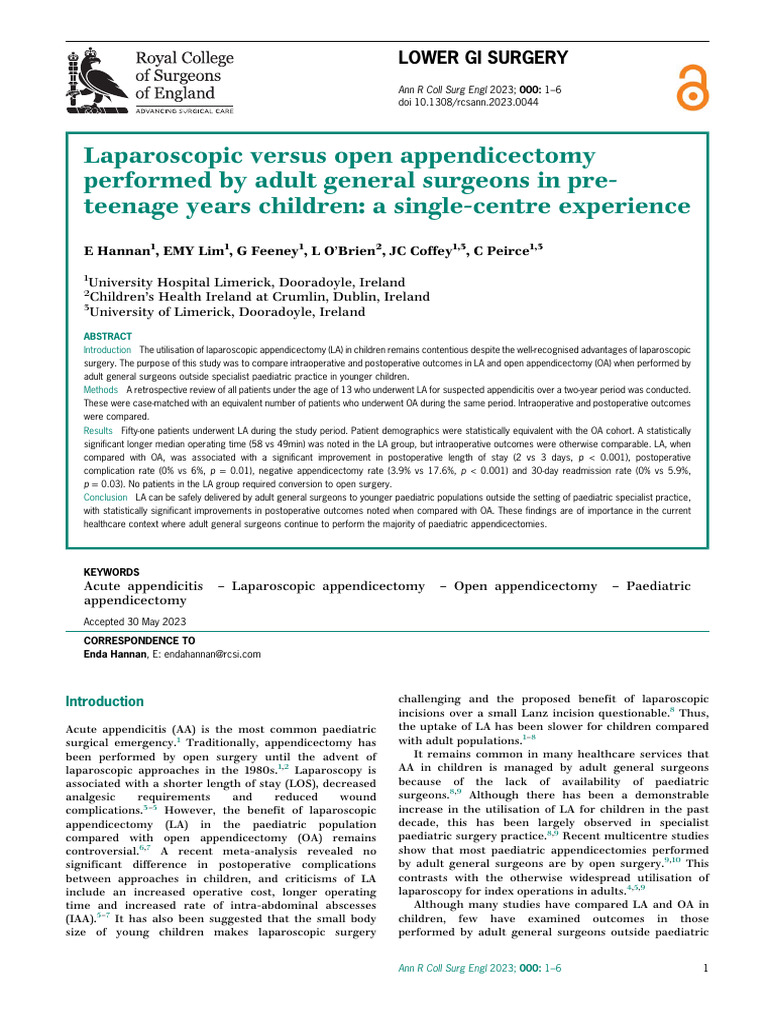 Hannan Et Al 2024 Laparoscopic Versus Open Appendicectomy Performed By