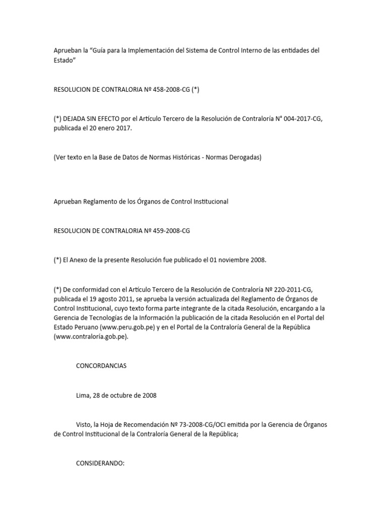 Res. Contraloria #458-2008-CG - Aprueban Guia Implementac. Sist ...