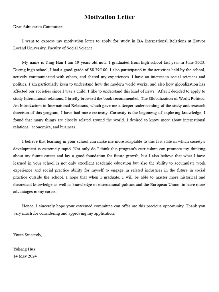 Motivation Letter ELTE 2024 | PDF | Wellness