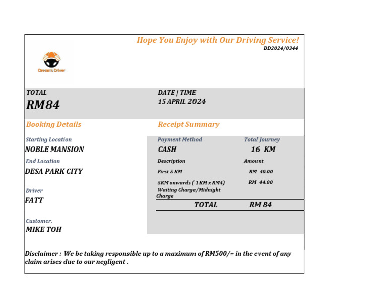 Driving Service Receipt - RM84 for 16 KM | PDF