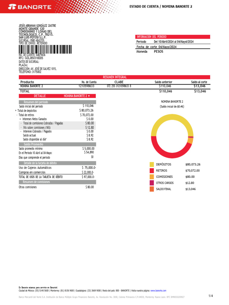 Estado de Cuenta Nomina Banorte | PDF | Bancos | Pagos