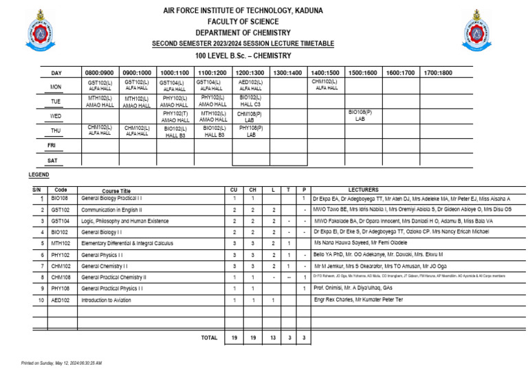 Updated Final Chem Second Semester 22 23 Lectiure Timetable Pdf