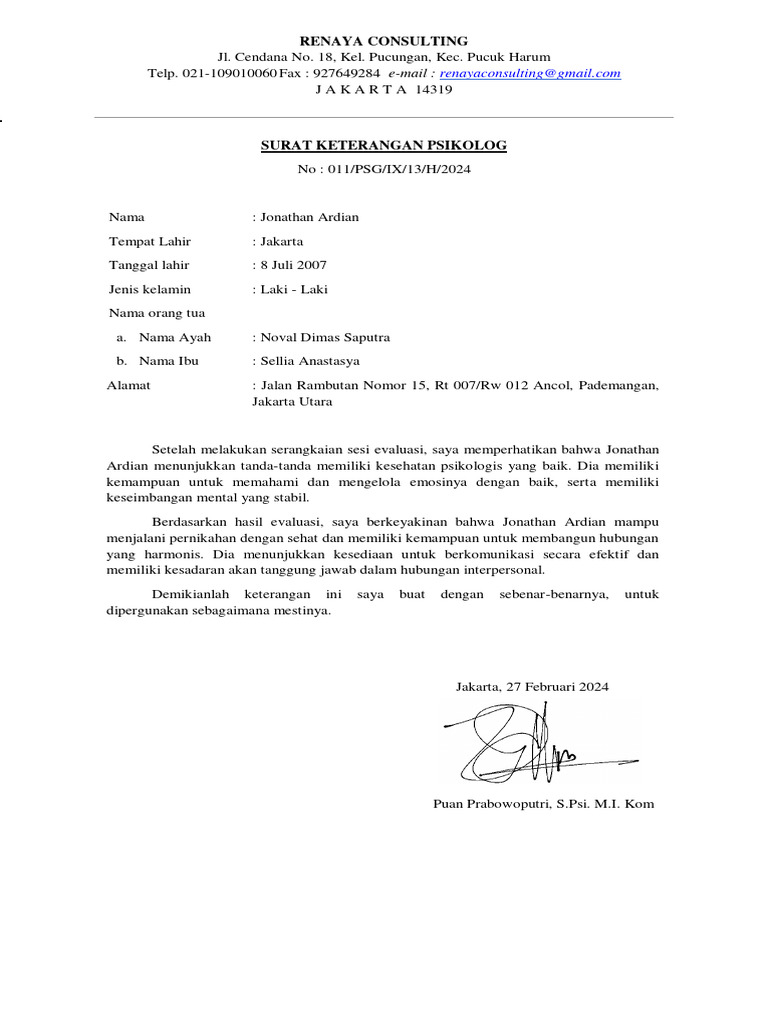 Surat Keterangan Psikolog | PDF