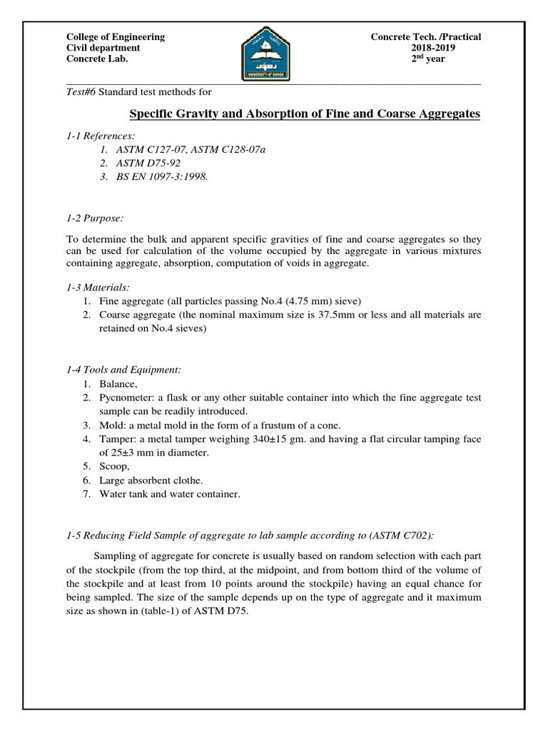 6-Specific Gravity of Fine and Coarse Agg | PDF | Concrete | Construction Aggregate