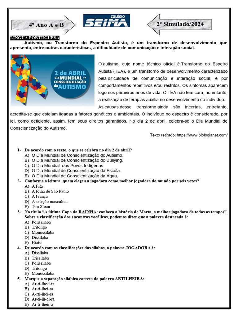 Simulado completo 4° ano | PDF | Espectro do autismo | Continente