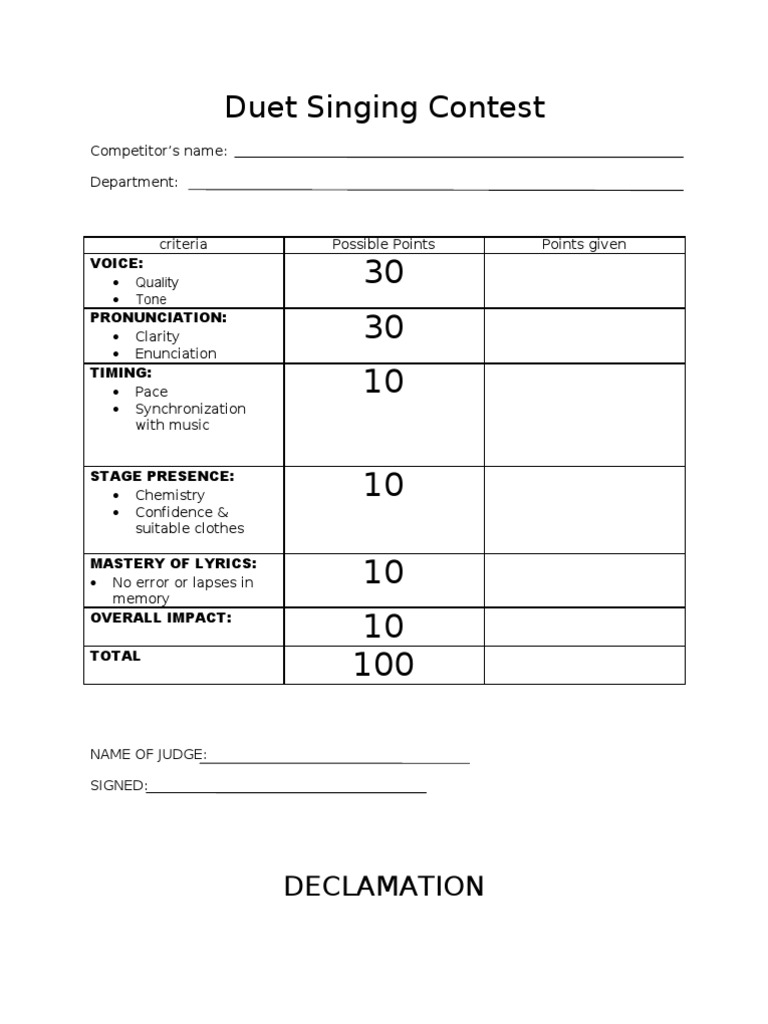 Duet Singing Contest Judging Criteria | PDF | Art