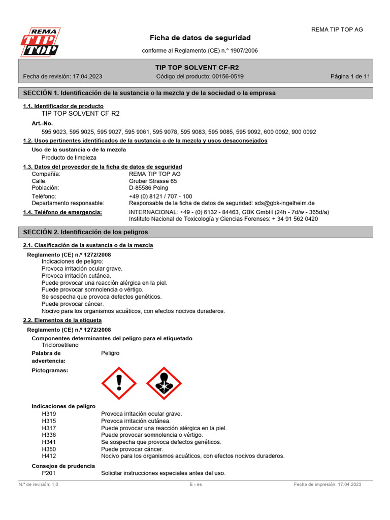 Tip Top Solvente CF-R2 | PDF | Cloro | Agua