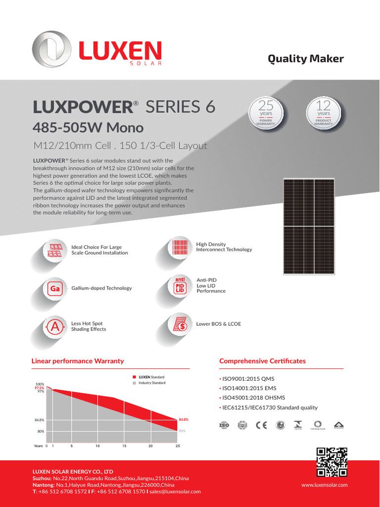 LUXEN SERIES 6 210 150cells 485-505W MONOFACIAL | PDF | Solar Cell ...