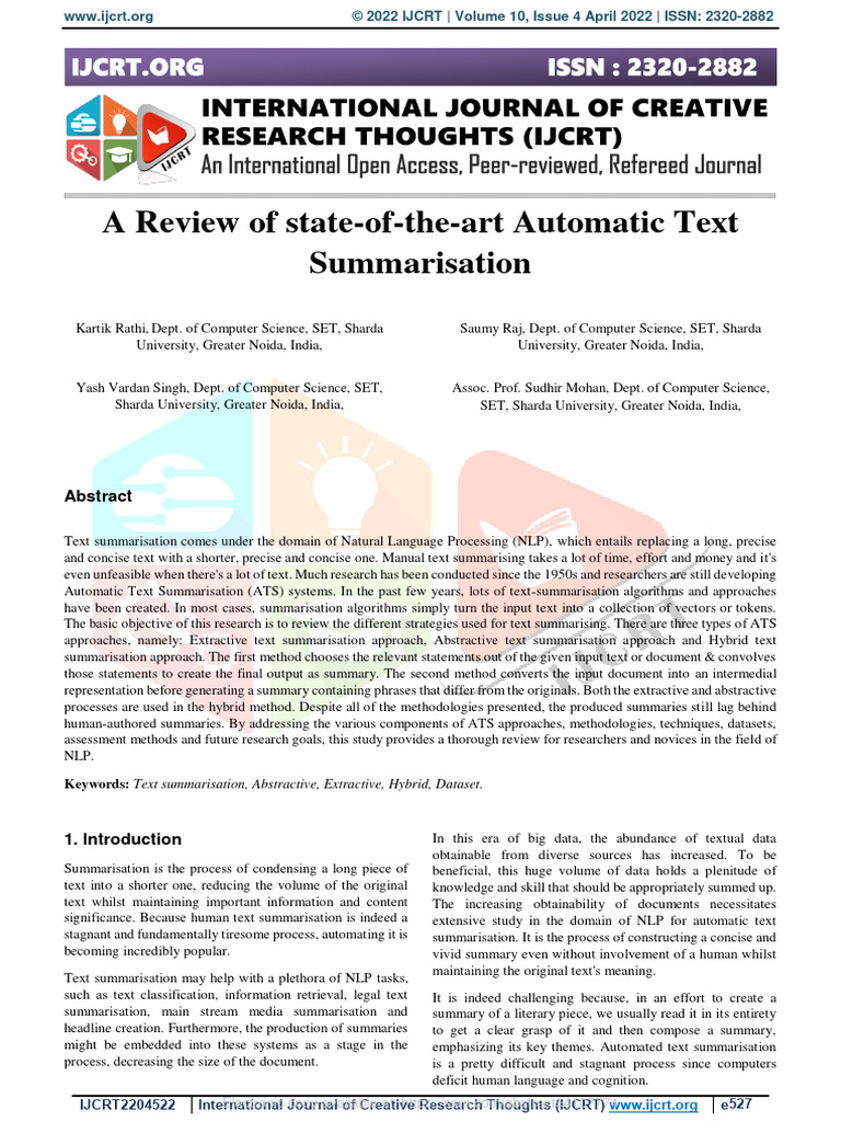 State of The Art Text - Summarisation | Download Free PDF | Machine ...