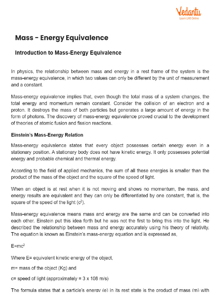 Mass - Energy Equivalence | PDF